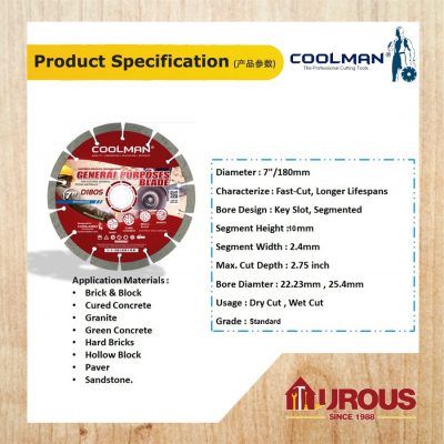 COOLMAN SEGMENTED DRY BLADE STD D180S CUTTING DISC 7'' 180MM - Aurous ...