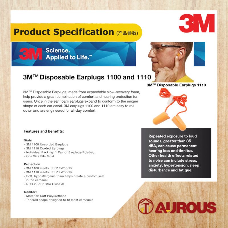 3M 1110 USA SAFETY CORDED FOAM TYPE EAR PLUG ( 1 PAIR ) - Aurous | Tick ...