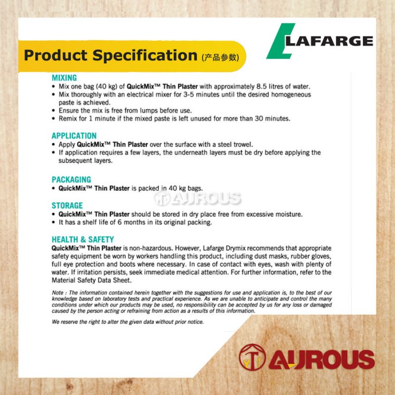 LAFARGE QUICK MIX 386 (THIN PLASTER) 40KG - Aurous | Tick Hong Hardware
