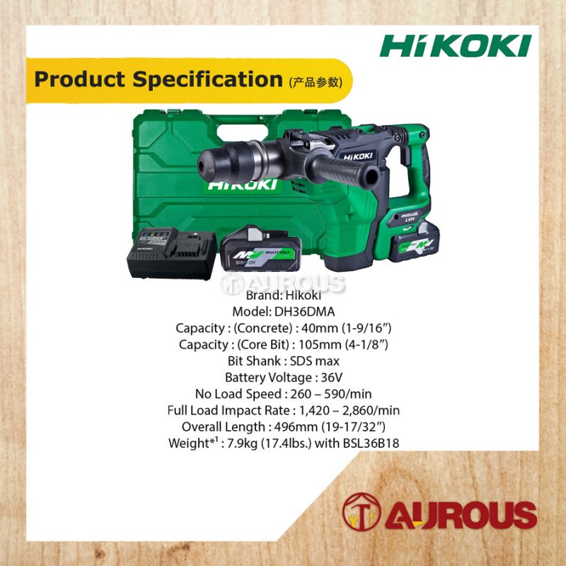 HIKOKI BATTERY CORDLESS MULTI VOLT SDS MAX ROTARY HAMMER MACHINE 40MM ...