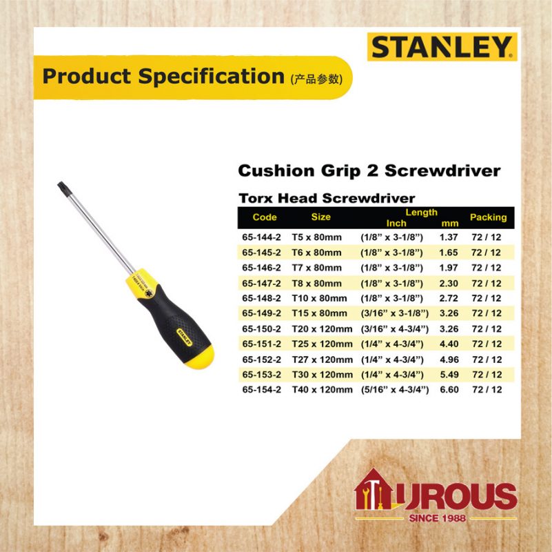 Stanley Torx Head Screwdriver T5-T15 - Aurous | Tick Hong Hardware