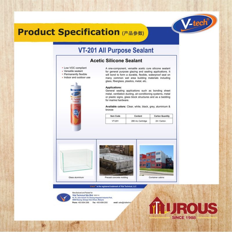 V-TECH VT-201 ALL PURPOSE SEALANT SILICONE - 280ML ( BLACK, CLEAR ...