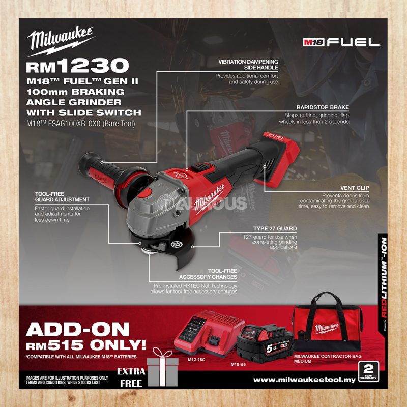 MILWAUKEE M18 FUEL 4" 100MM BRAKING ANGLE GRINDER RAPID STOP WITH SLIDE ...