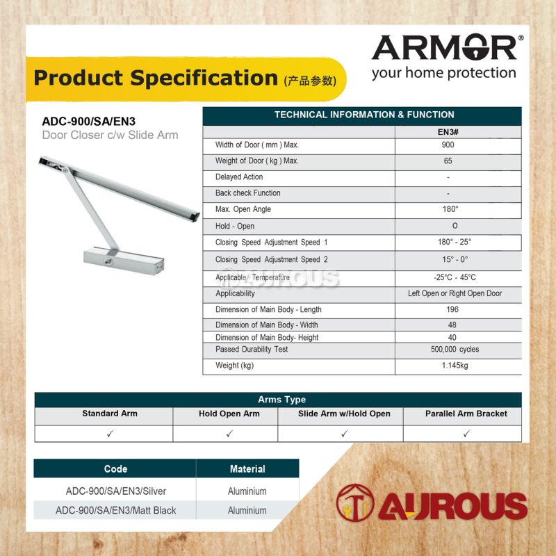 ARMOR DOOR CLOSER WITH SLIDE ARM EN3 C/W HOLD OPEN ADC-900/SA/EN3 ...
