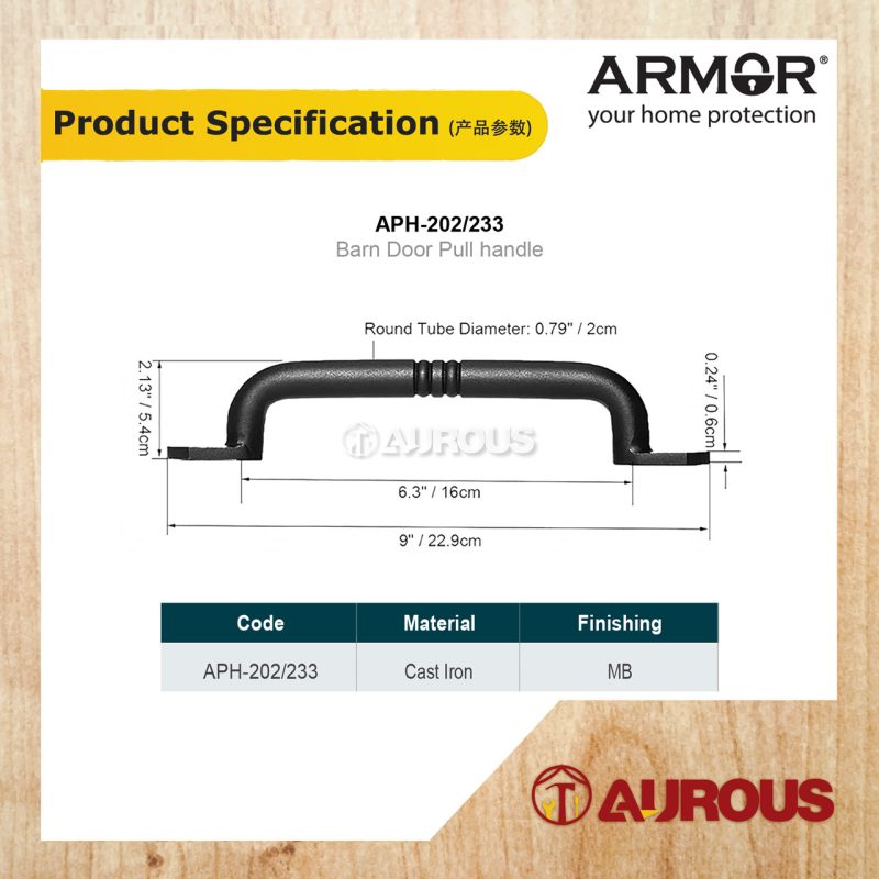 ARMOR BARN DOOR PULL HANDLE (APH-202/233/MB) - Aurous | Tick Hong Hardware