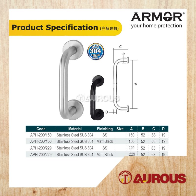 ARMOR STAINLESS STEEL SUS304 DOOR PULL HANDLE APH-200 (6" , 9'') (SS/MB ...